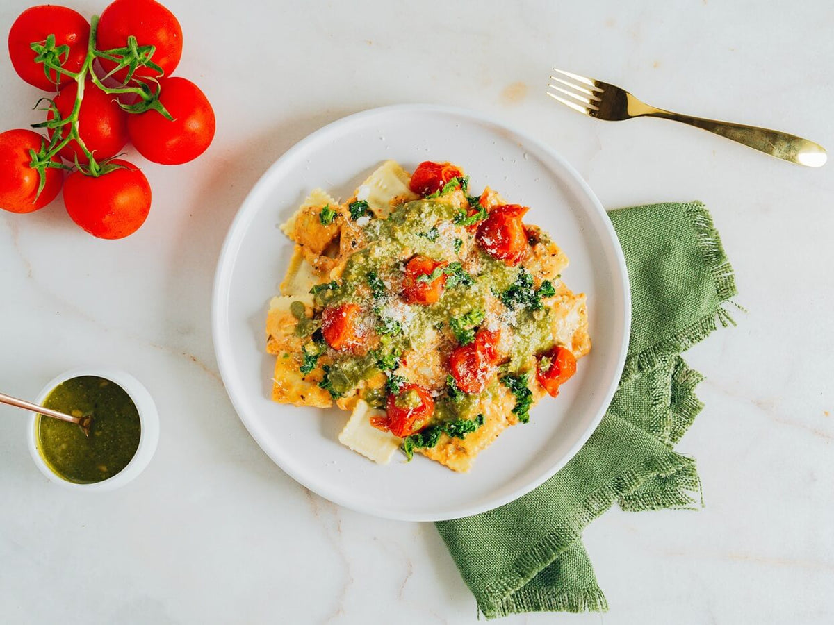 Chicken Basil Ravioli with Creamy Tuscan Sauce and Roasted Herb ...